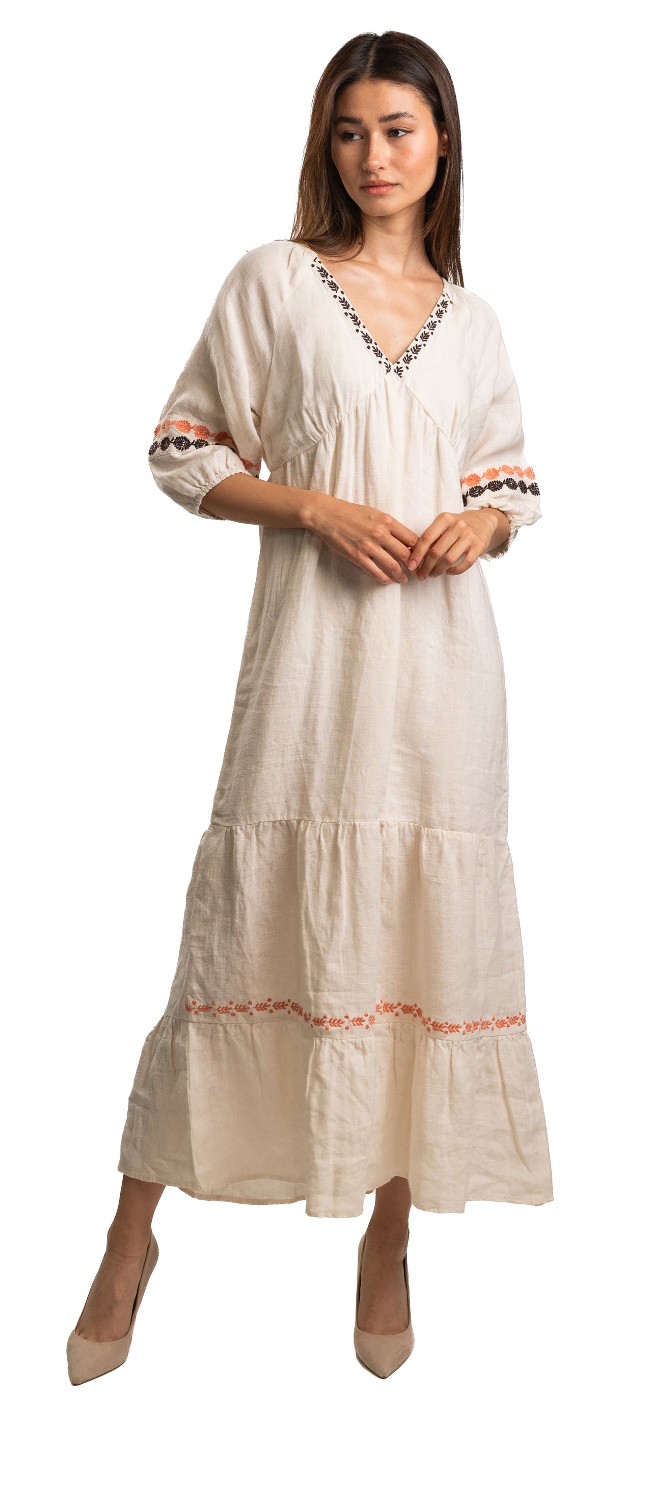 Off-White V-Neckline Maxi Dress with Brown Embroidery Details – Kloth ...